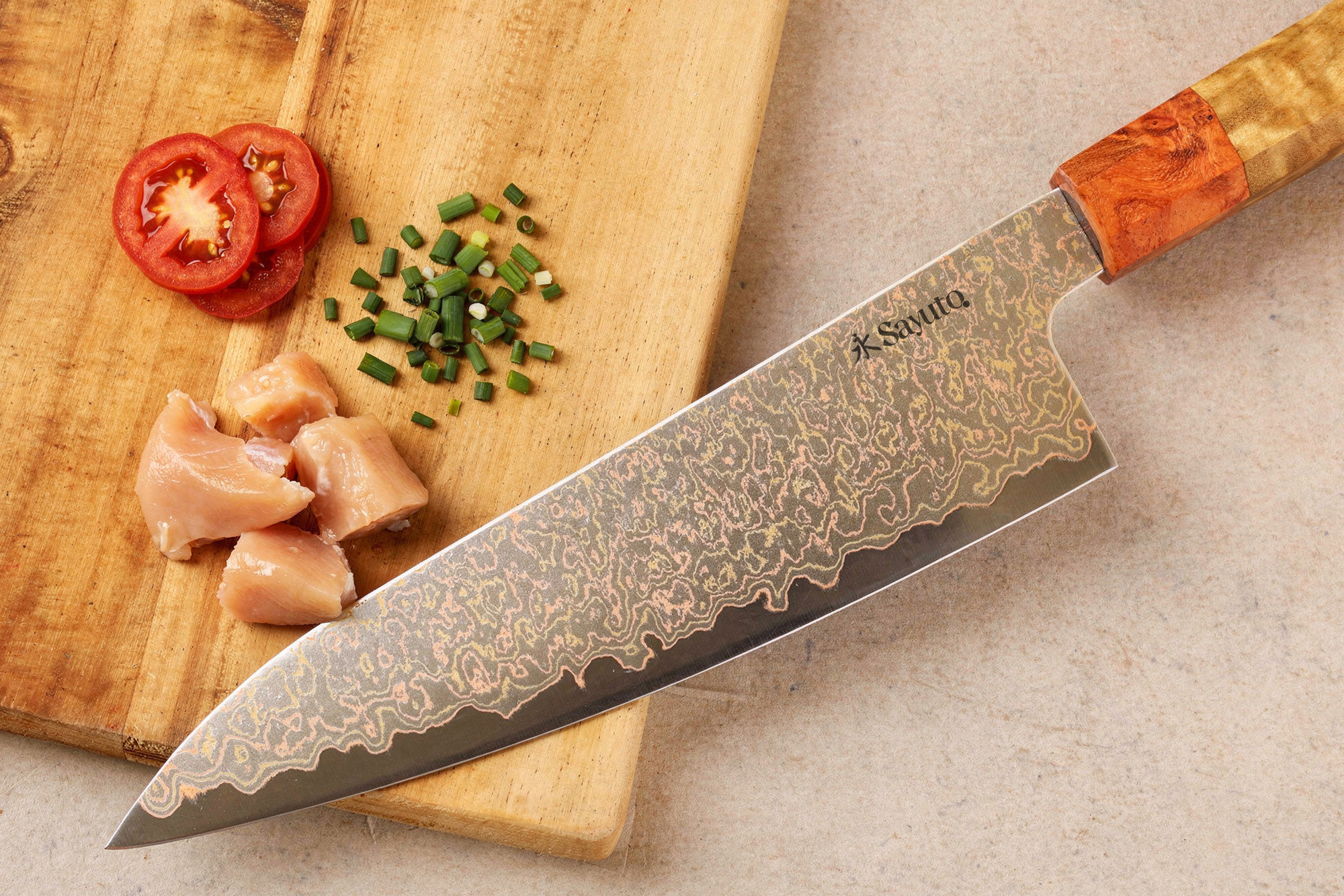 Couteau damas Sayuto 21cm Érable 12Cr | Couteau de chef